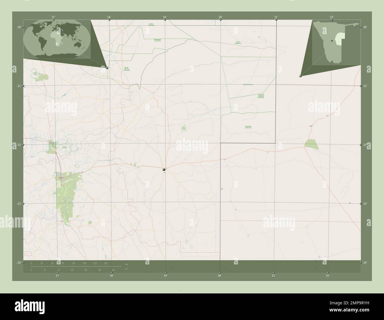 Omaheke, region of Namibia. Open Street Map. Locations of major cities ...