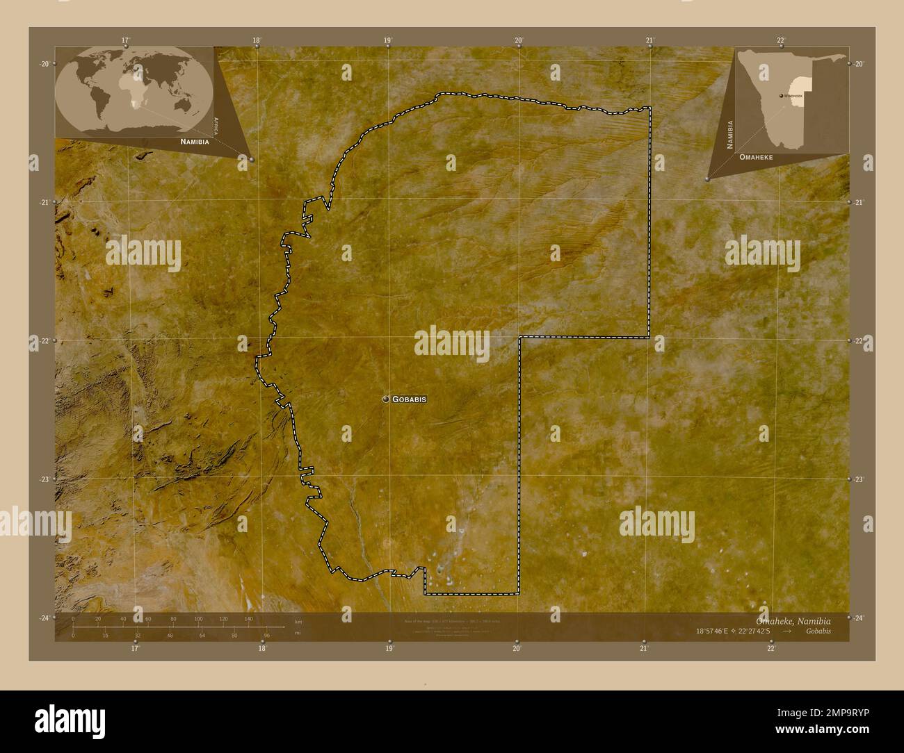 Omaheke, region of Namibia. Low resolution satellite map. Locations and ...