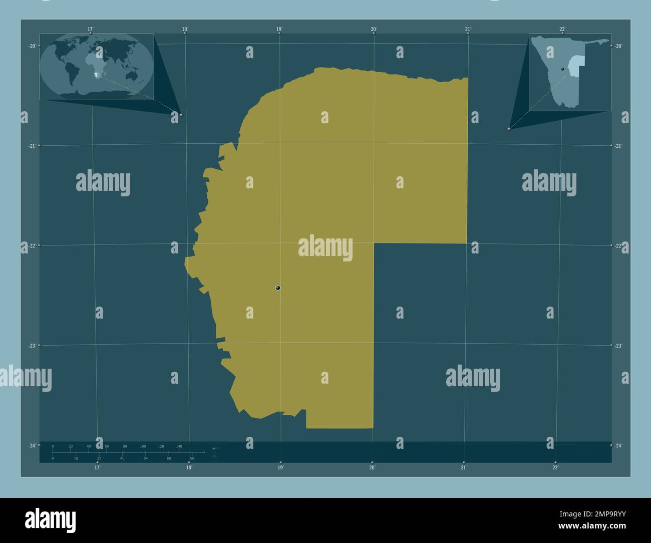 Omaheke, region of Namibia. Solid color shape. Locations of major ...