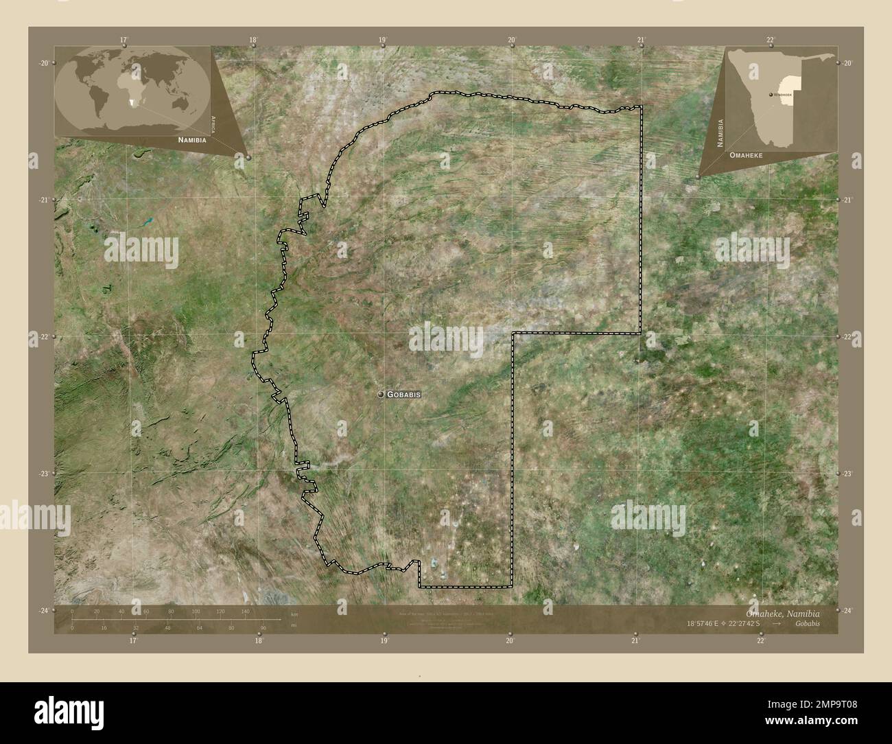 Omaheke, region of Namibia. High resolution satellite map. Locations ...