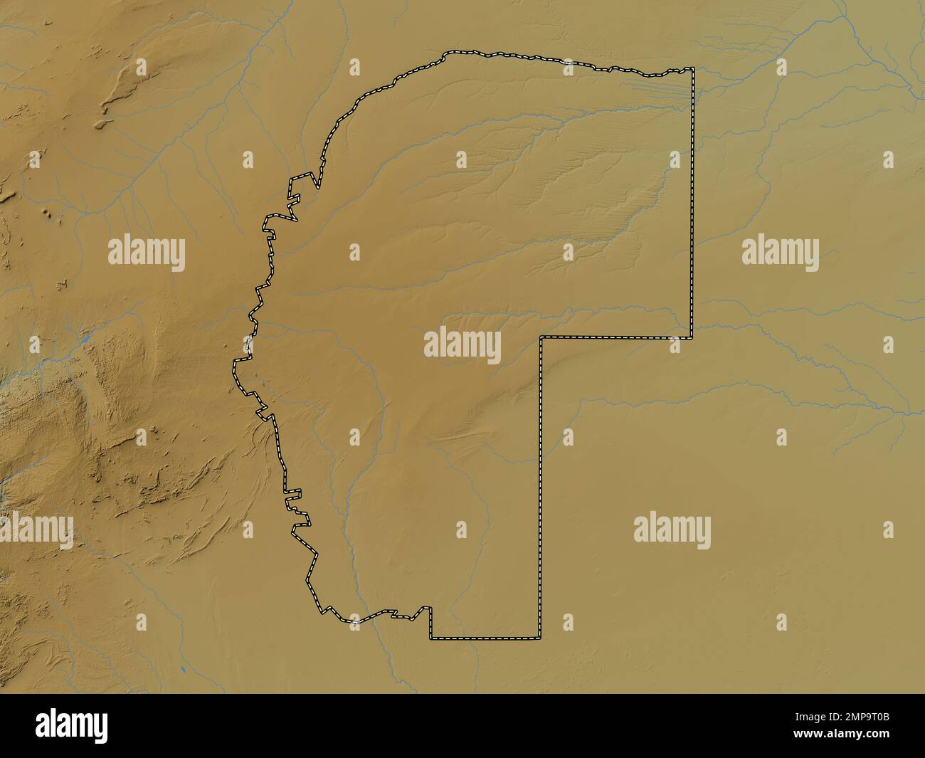 Omaheke, region of Namibia. Colored elevation map with lakes and rivers ...