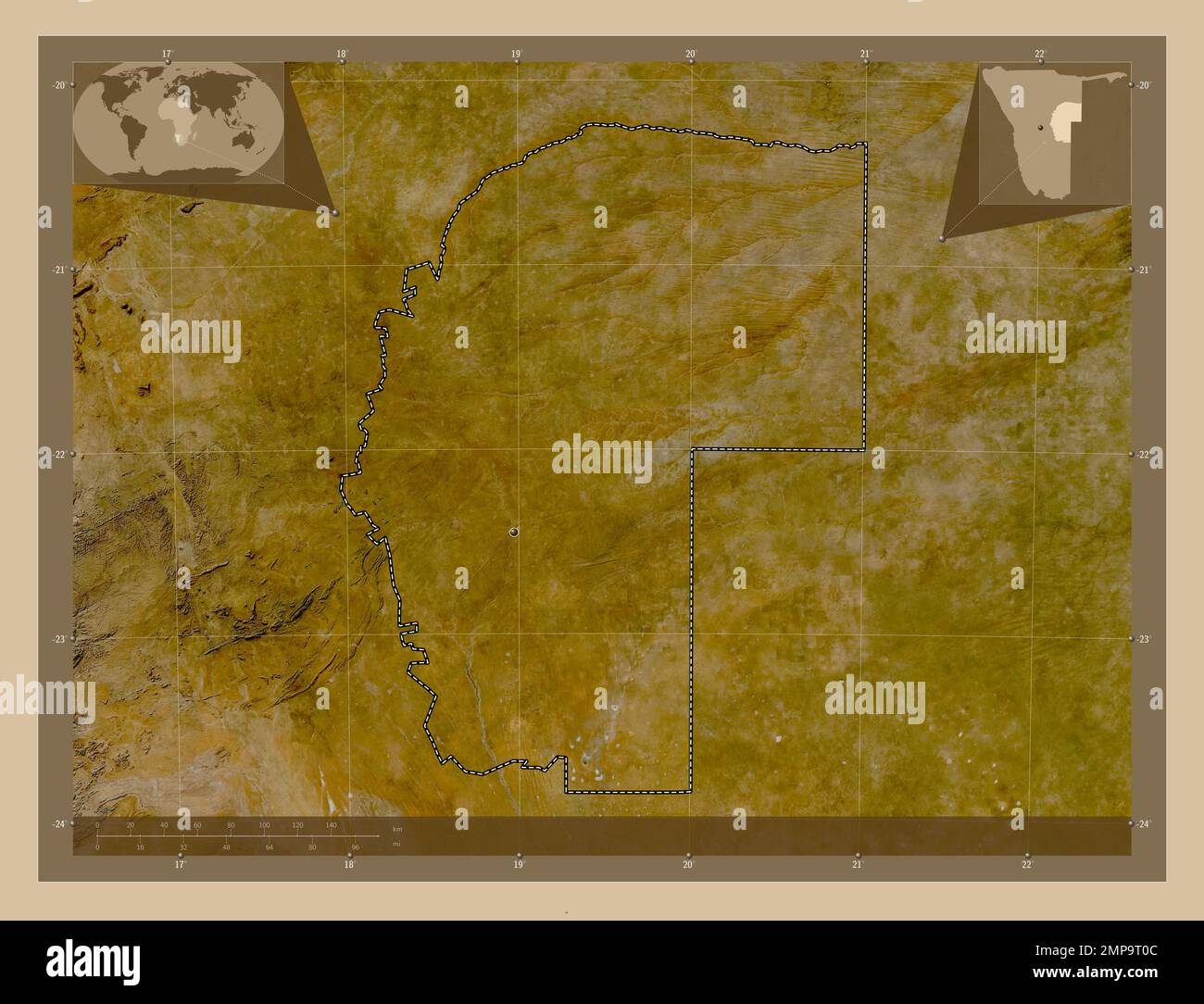 Omaheke, region of Namibia. Low resolution satellite map. Locations of ...