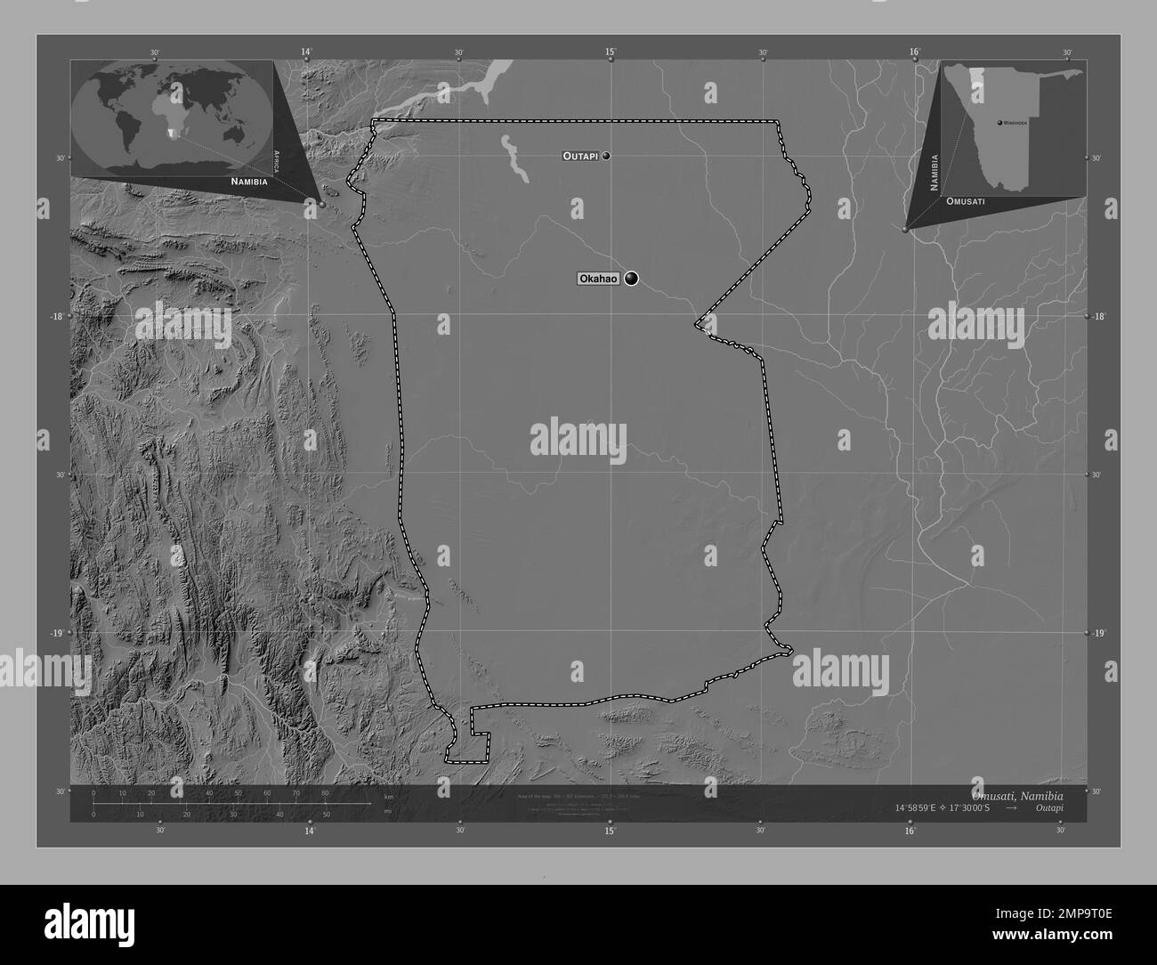 Omusati, region of Namibia. Bilevel elevation map with lakes and rivers ...