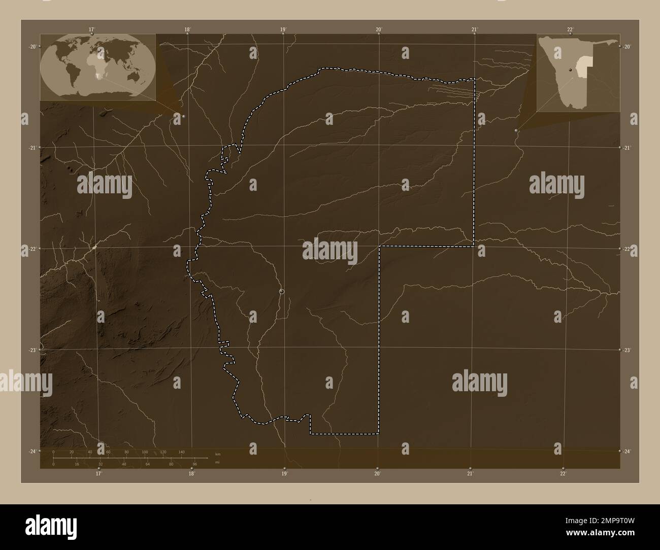 Omaheke, region of Namibia. Elevation map colored in sepia tones with ...