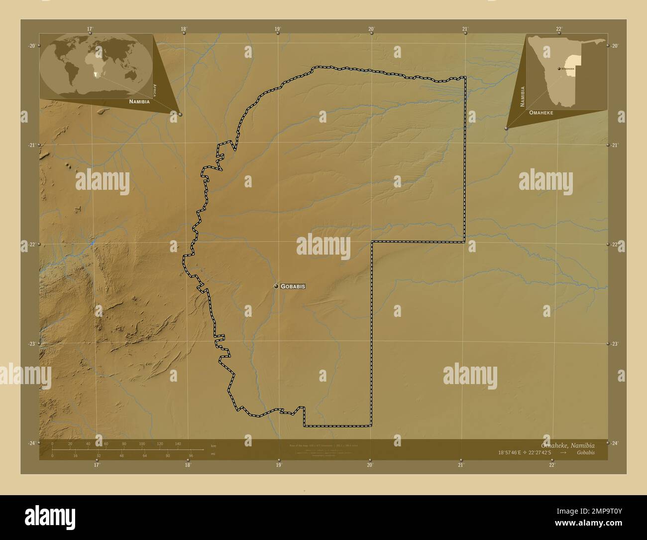 Omaheke, region of Namibia. Colored elevation map with lakes and rivers ...