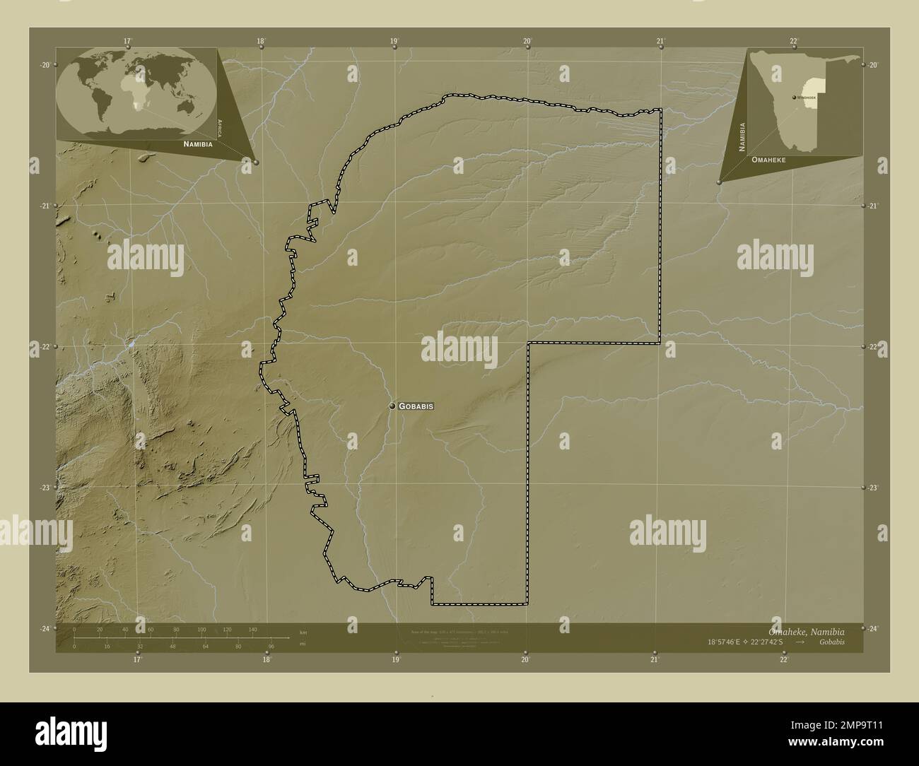 Omaheke, region of Namibia. Elevation map colored in wiki style with ...