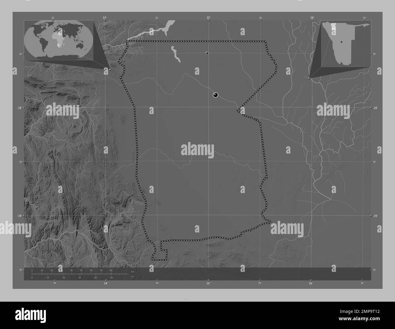 Omusati, region of Namibia. Grayscale elevation map with lakes and ...