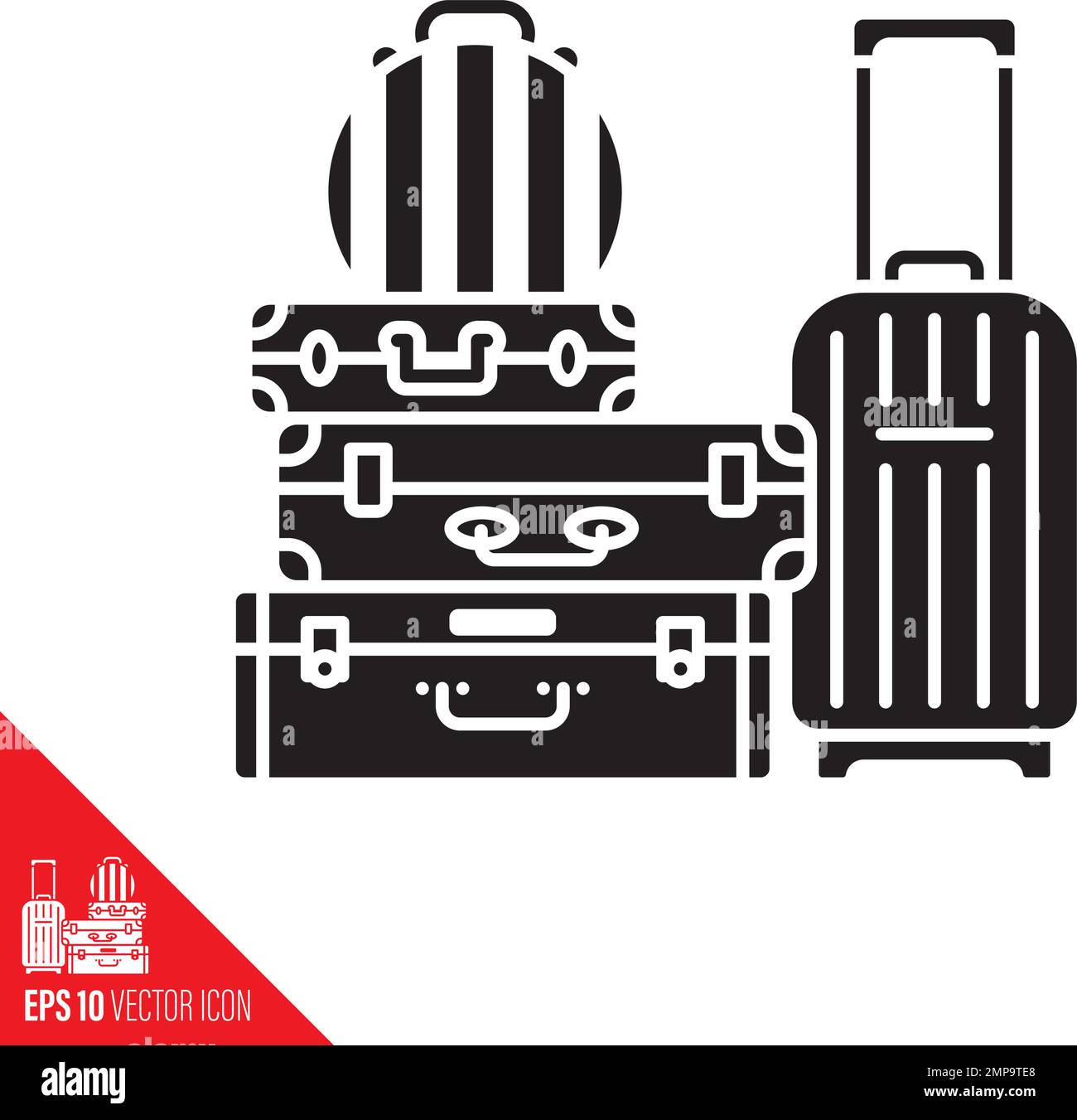 Stack of suitcases with a hat box and a trolley vector glyph icon ...