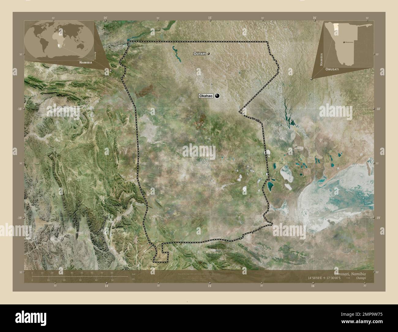 Omusati, region of Namibia. High resolution satellite map. Locations ...