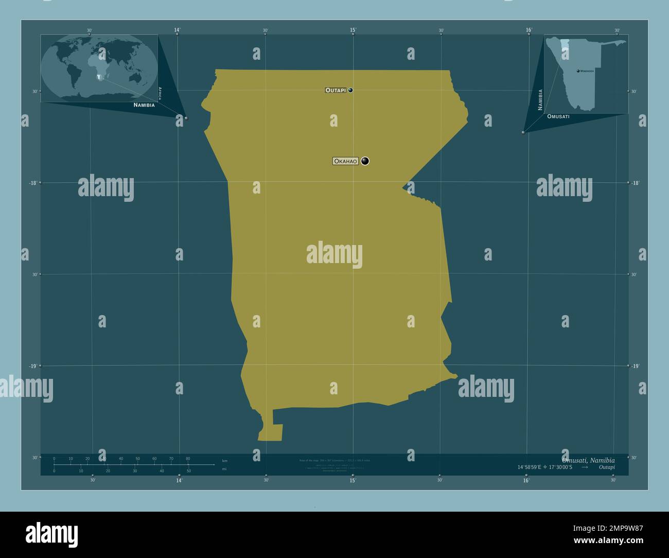 Omusati, region of Namibia. Solid color shape. Locations and names of ...