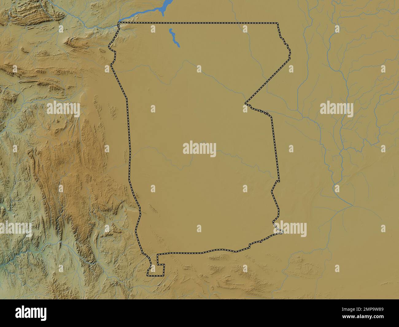 Omusati, region of Namibia. Colored elevation map with lakes and rivers ...
