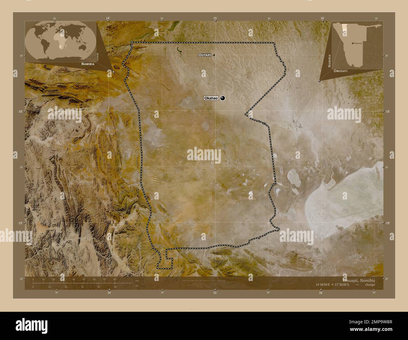 Omusati, region of Namibia. Low resolution satellite map. Locations and ...