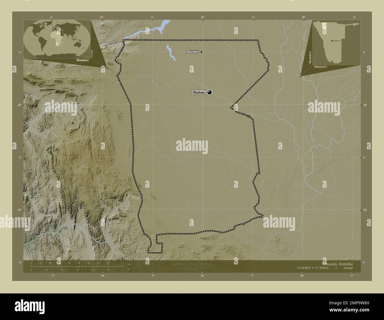 Omusati, region of Namibia. Elevation map colored in wiki style with ...