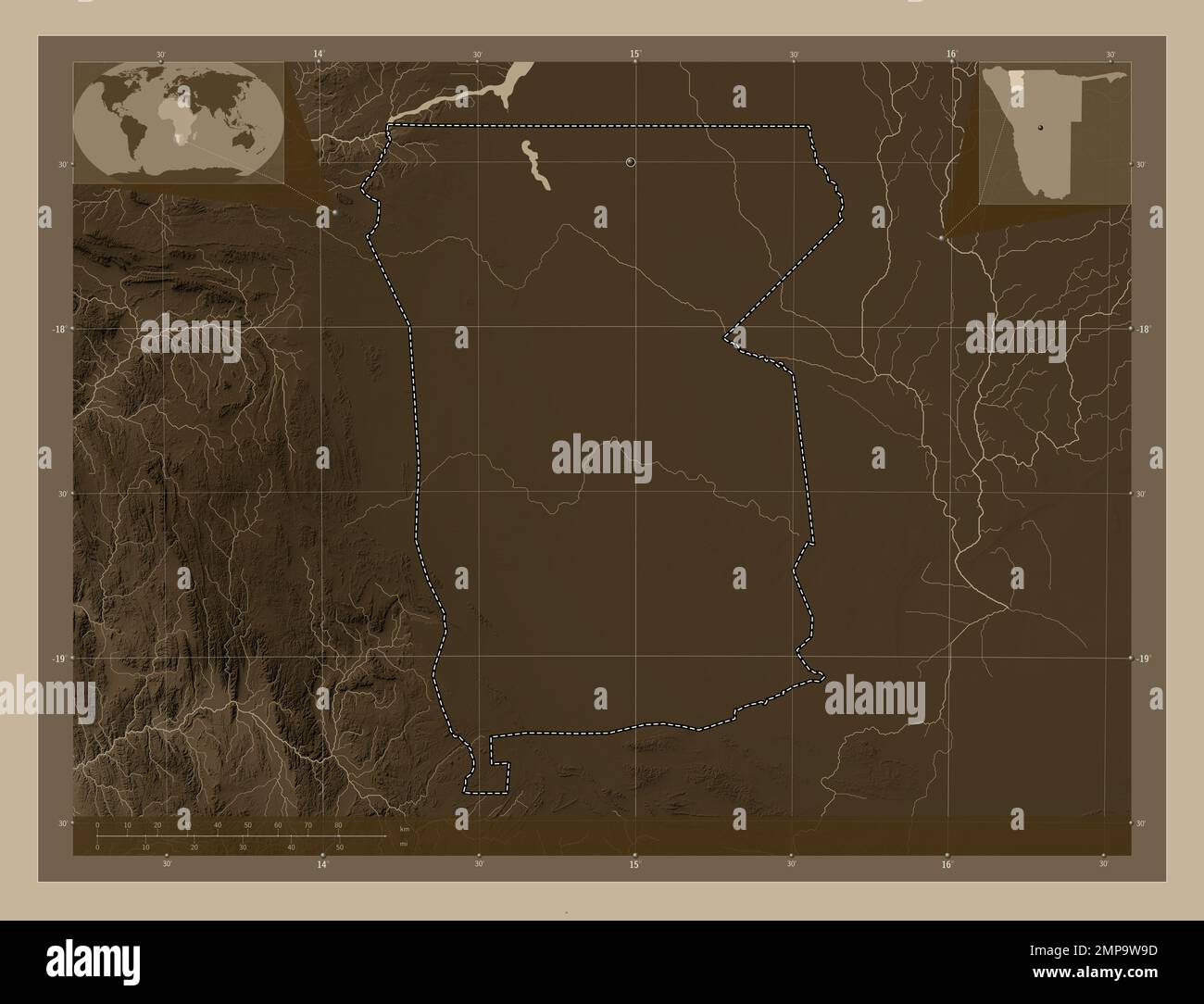Omusati, region of Namibia. Elevation map colored in sepia tones with ...