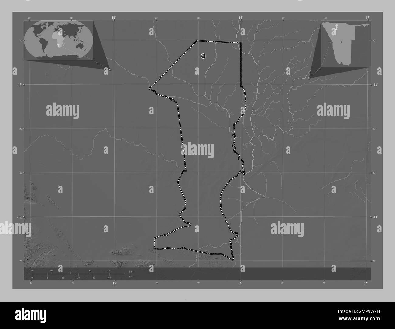 Oshana, region of Namibia. Grayscale elevation map with lakes and ...