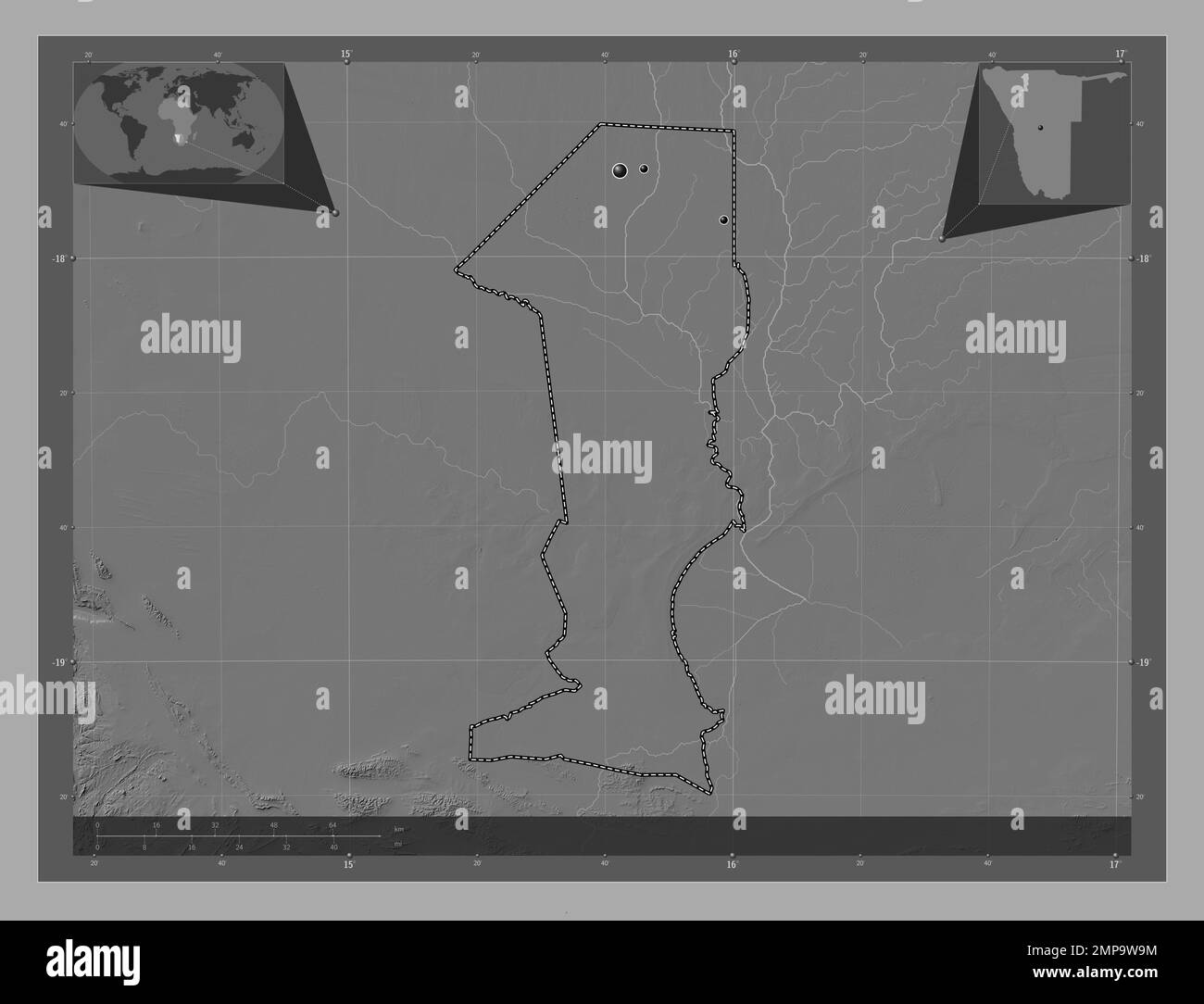 Oshana, region of Namibia. Bilevel elevation map with lakes and rivers ...
