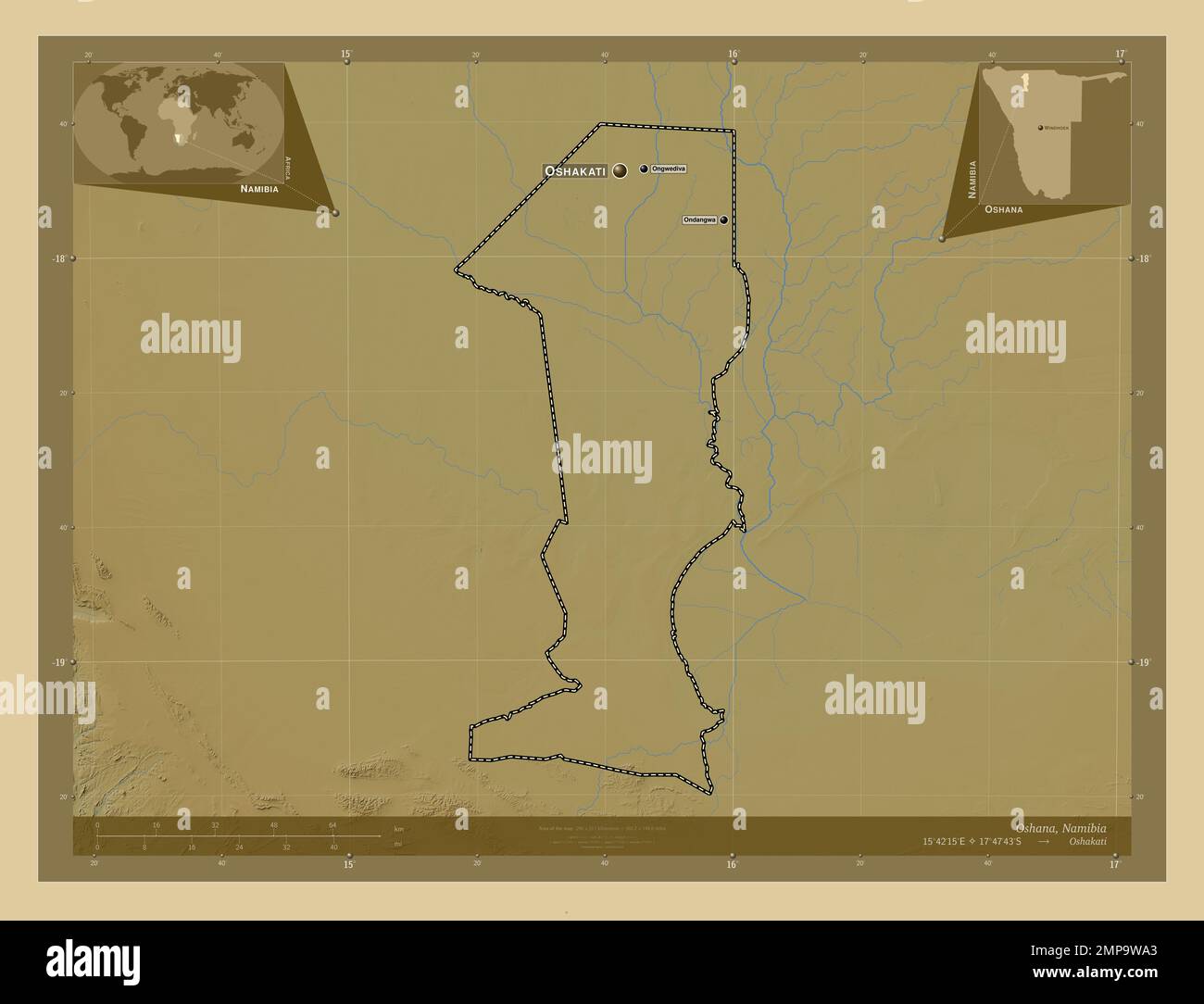 Oshana, region of Namibia. Colored elevation map with lakes and rivers ...