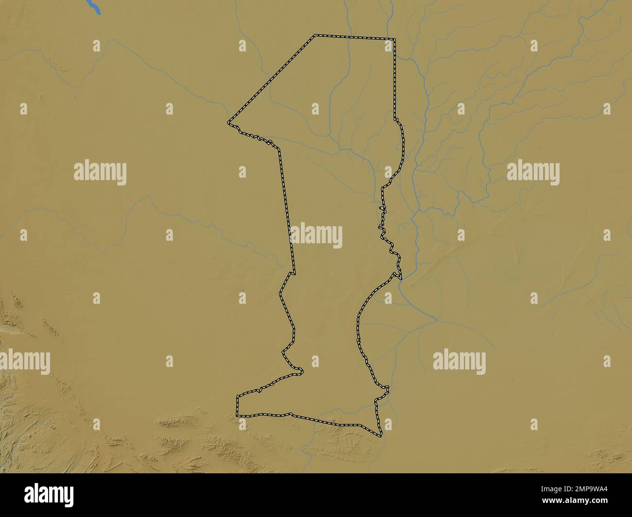 Oshana, region of Namibia. Colored elevation map with lakes and rivers ...
