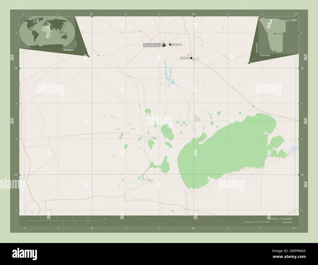 Oshana, region of Namibia. Open Street Map. Locations and names of ...