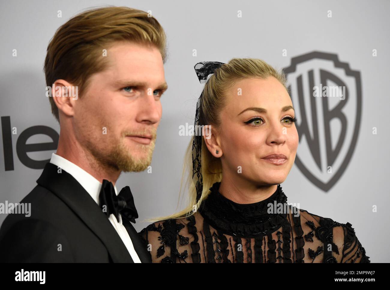 Karl Cook, left, and Kaley Cuoco arrives at the InStyle and Warner Bros ...