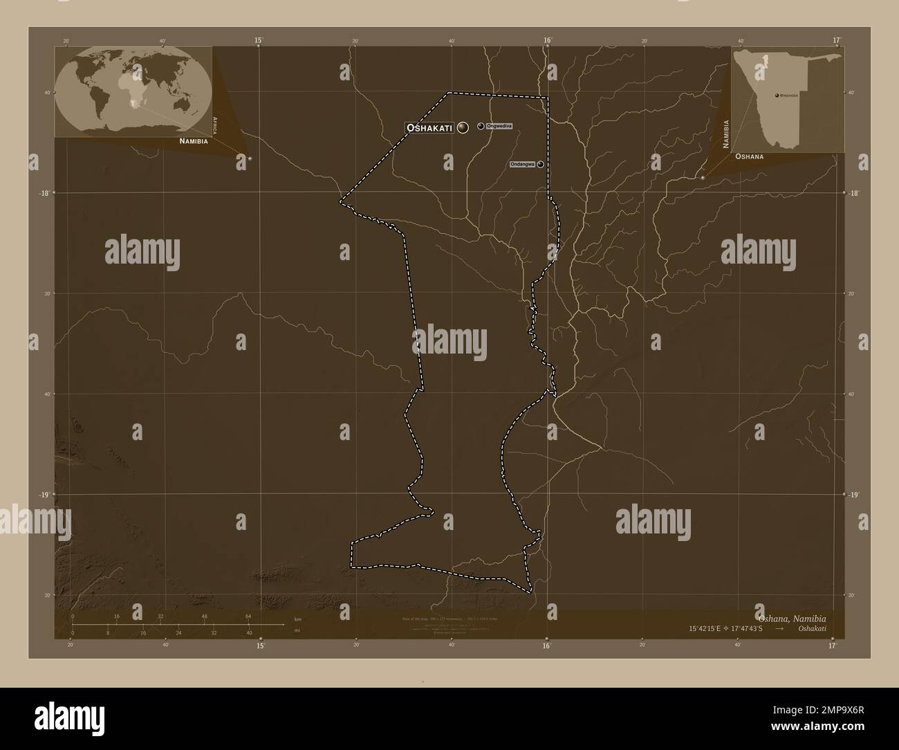 Oshana, region of Namibia. Elevation map colored in sepia tones with ...
