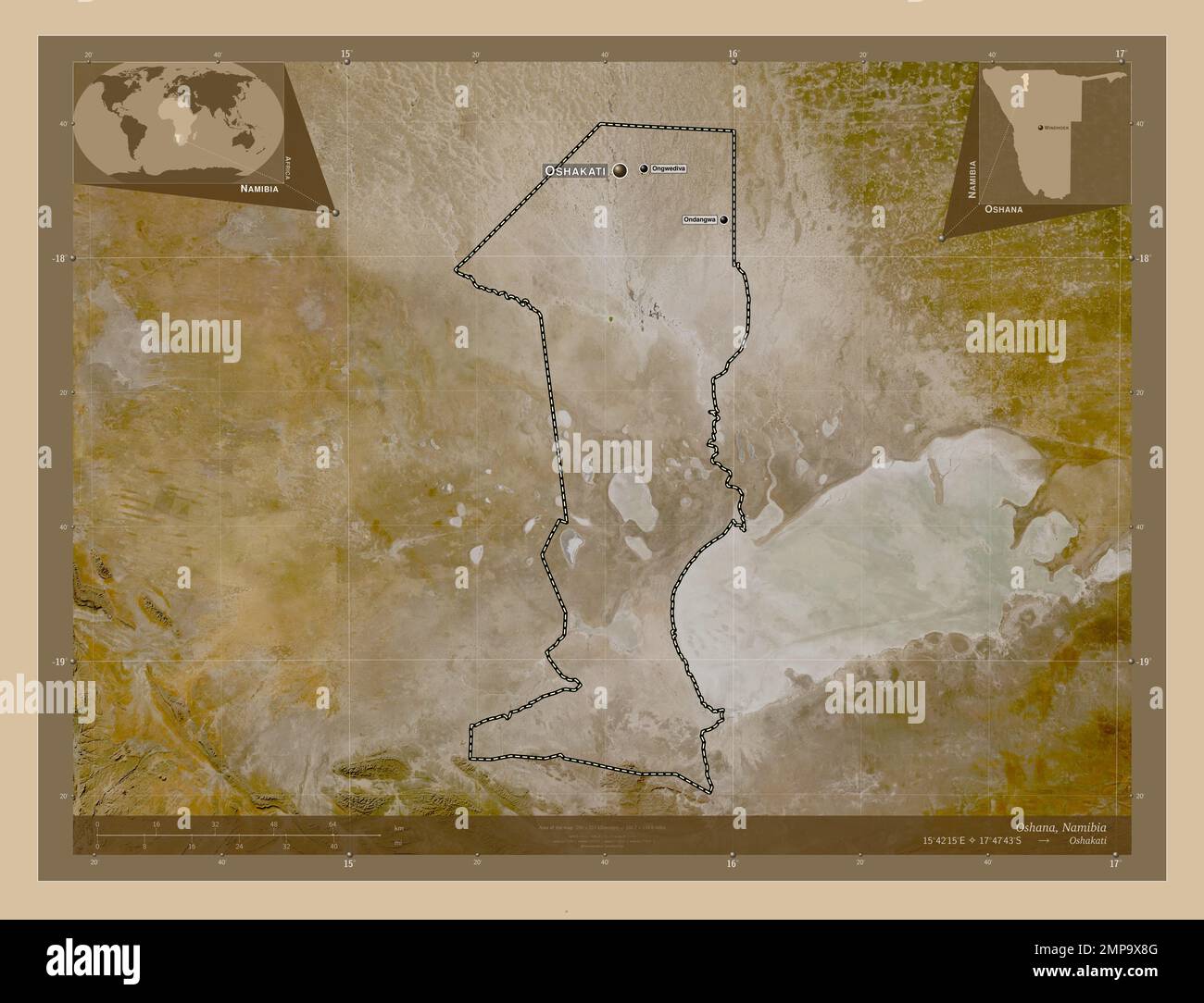 Oshana, region of Namibia. Low resolution satellite map. Locations and ...