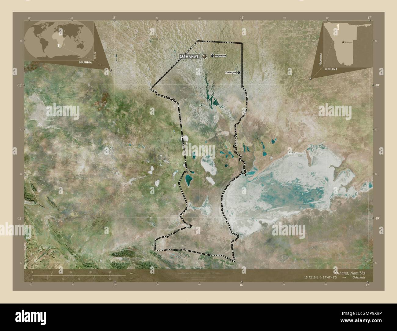 Oshana, region of Namibia. High resolution satellite map. Locations and ...