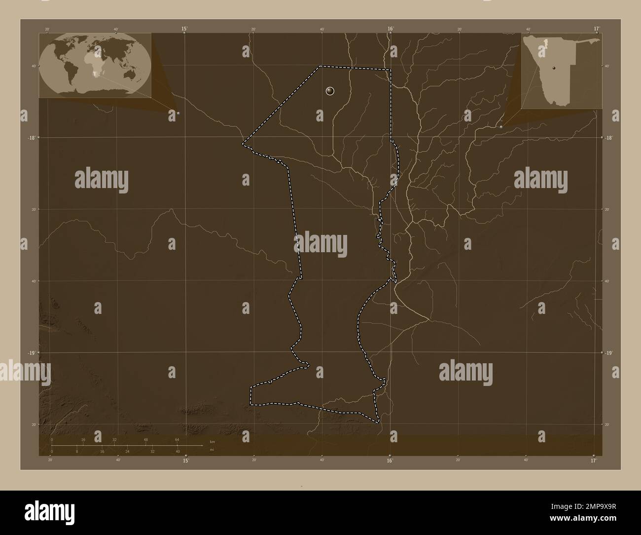 Oshana, region of Namibia. Elevation map colored in sepia tones with ...