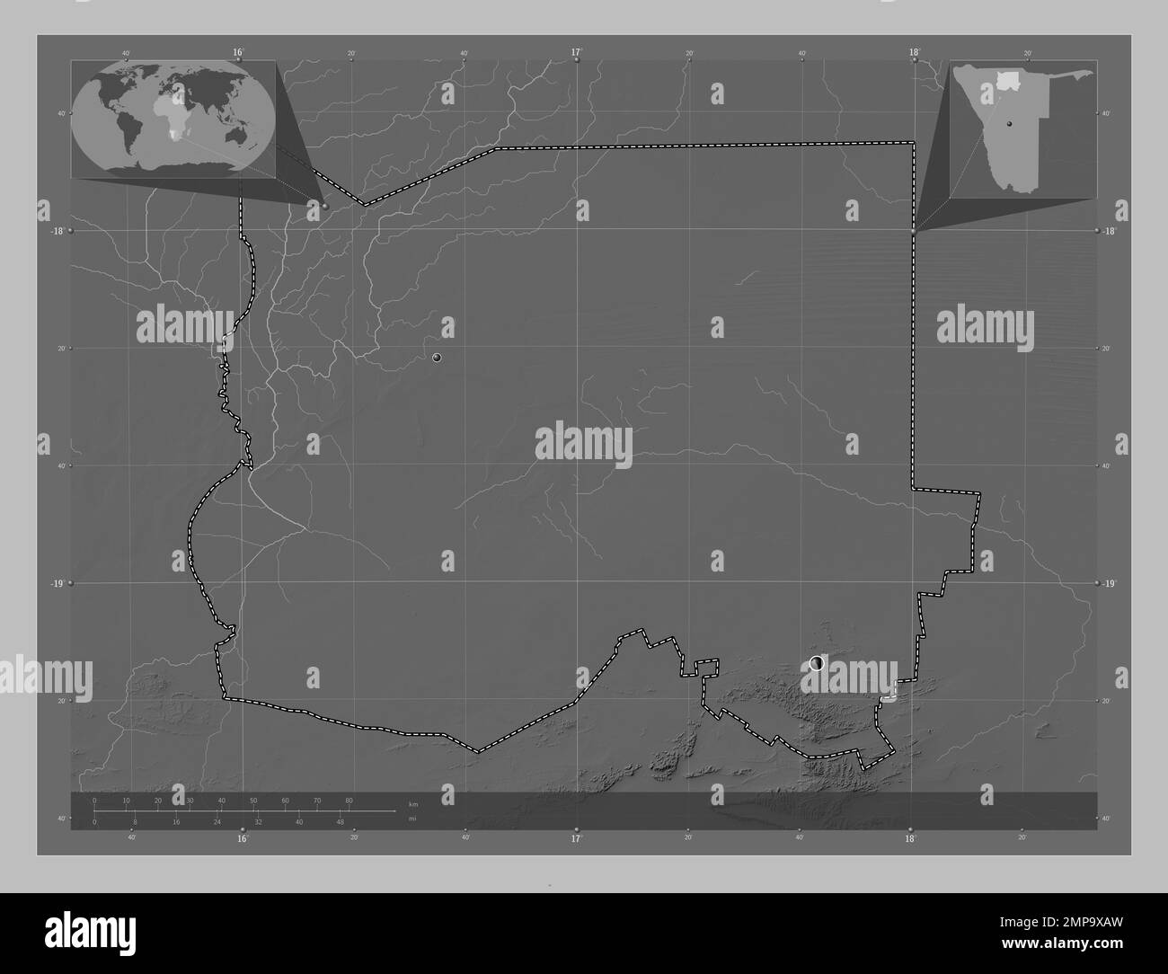 Oshikoto, region of Namibia. Grayscale elevation map with lakes and ...