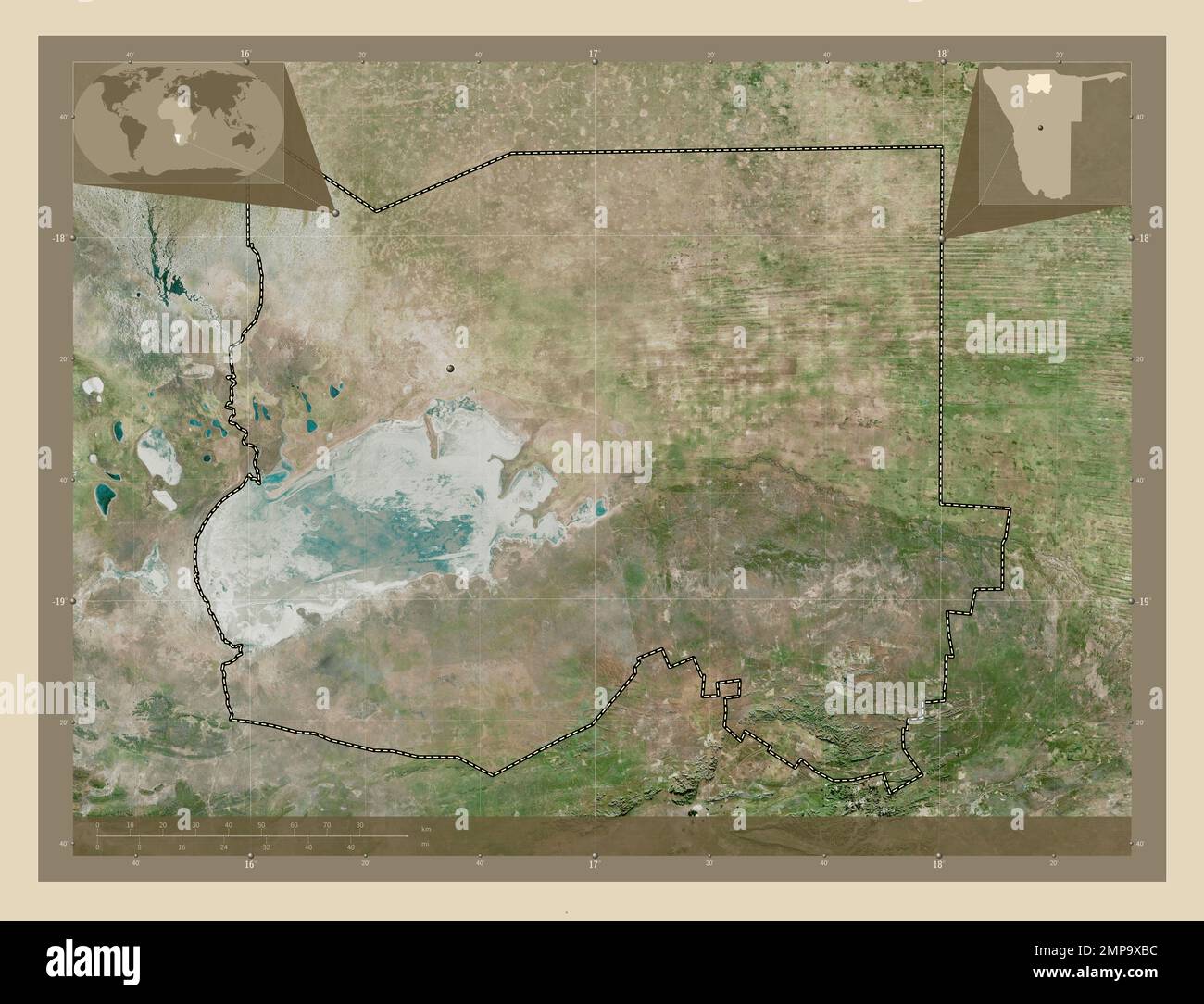 Oshikoto, region of Namibia. High resolution satellite map. Corner ...