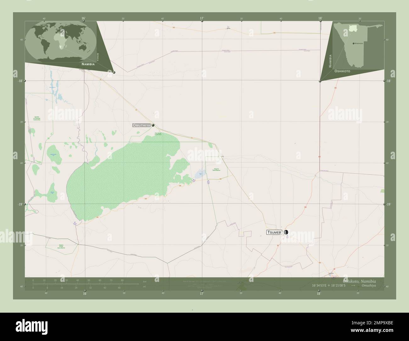 Oshikoto, region of Namibia. Open Street Map. Locations and names of ...