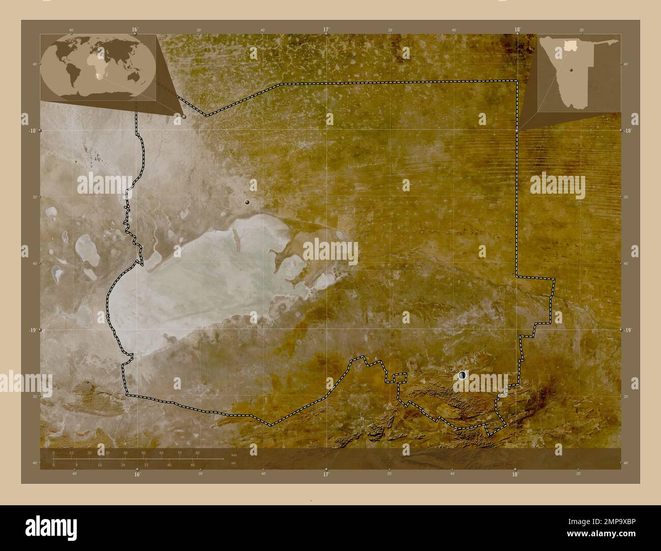 Oshikoto, region of Namibia. Low resolution satellite map. Locations of ...