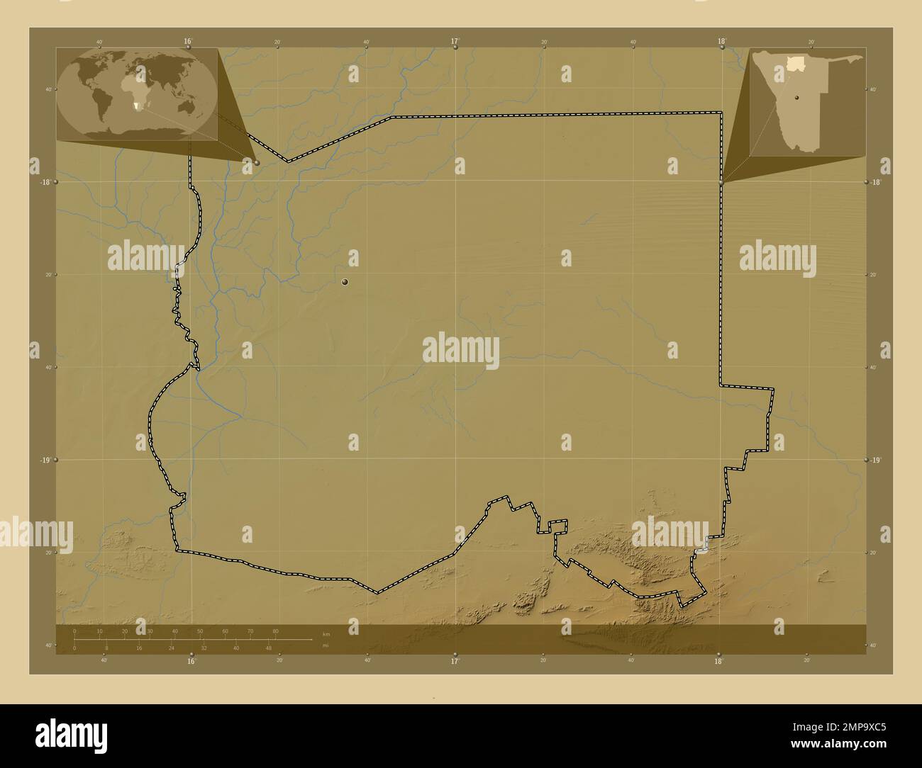 Oshikoto, region of Namibia. Colored elevation map with lakes and ...