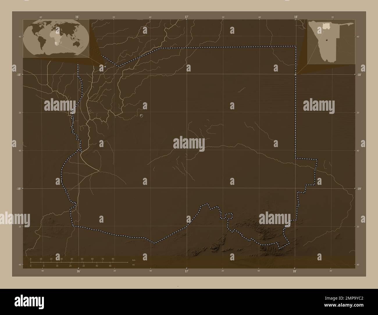 Oshikoto, region of Namibia. Elevation map colored in sepia tones with ...