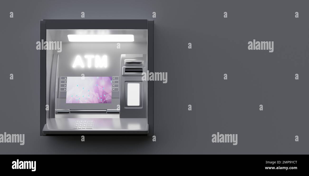 ATM on empty grey background. Illuminated Automated Teller Machine at night, public bank, online ...