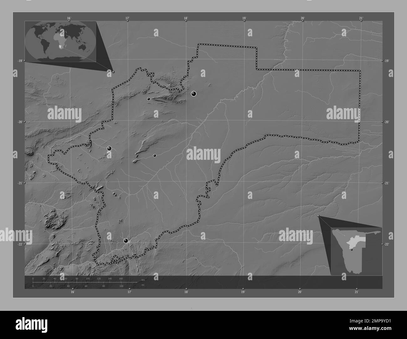 Otjozondjupa, region of Namibia. Bilevel elevation map with lakes and ...