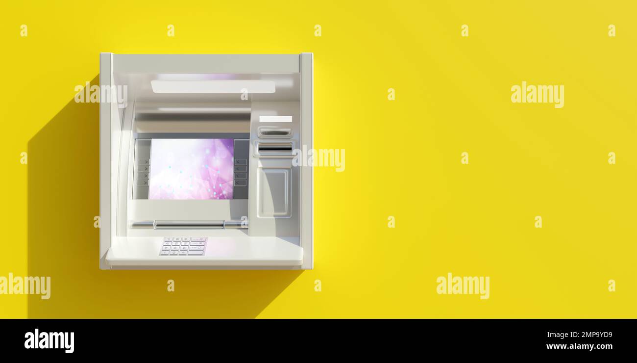 ATM on empty yellow lime wall background. Automated Teller Machine ...