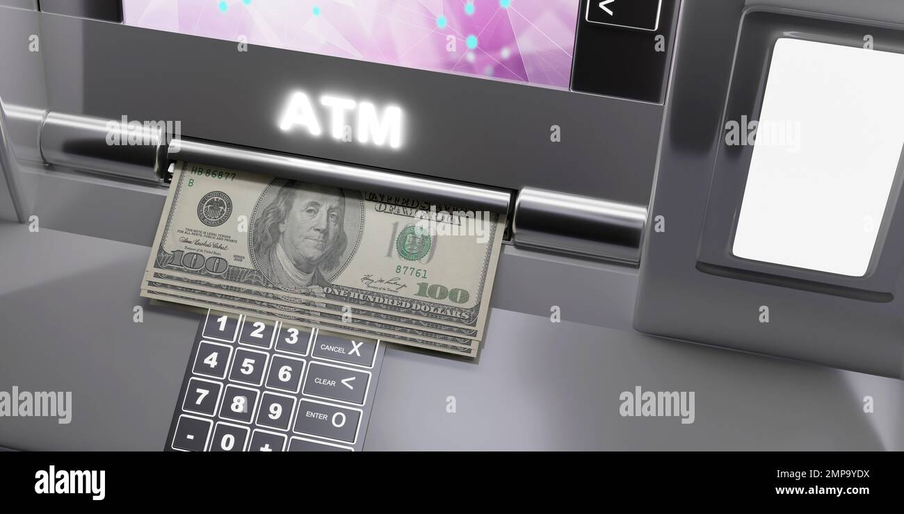 American Dollar Banknote on outdoors illuminated ATM at night ...