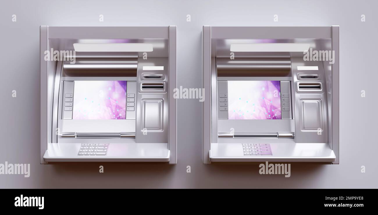 Two ATM on grey wall background. Automated Teller silver metal Machine, public bank, automatic ...