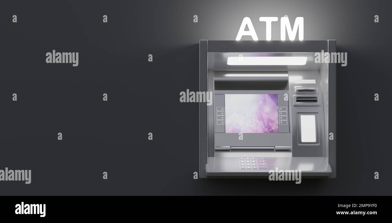 ATM on empty grey wall background. Illuminated Automated Teller Machine at night, public bank ...