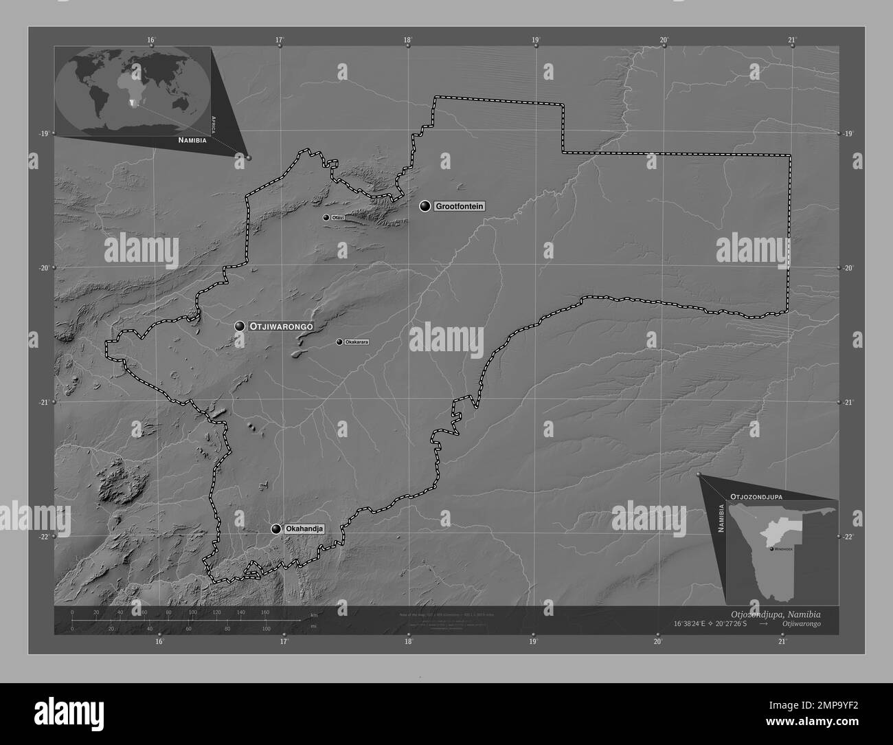 Otjozondjupa, region of Namibia. Bilevel elevation map with lakes and ...