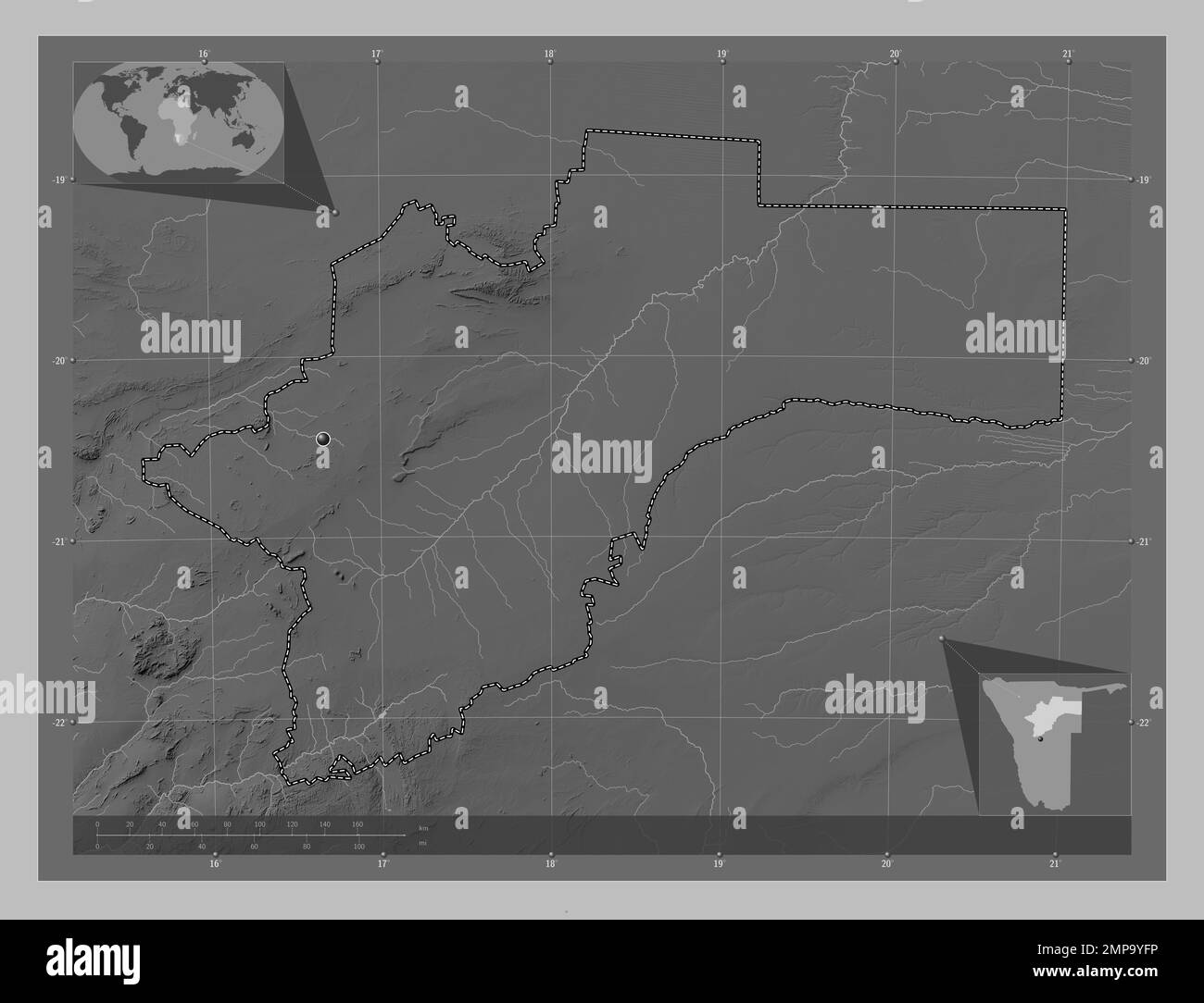 Otjozondjupa, region of Namibia. Grayscale elevation map with lakes and ...