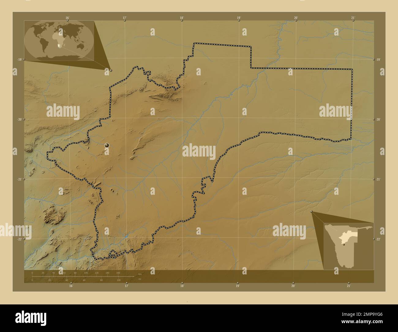 Otjozondjupa, region of Namibia. Colored elevation map with lakes and ...