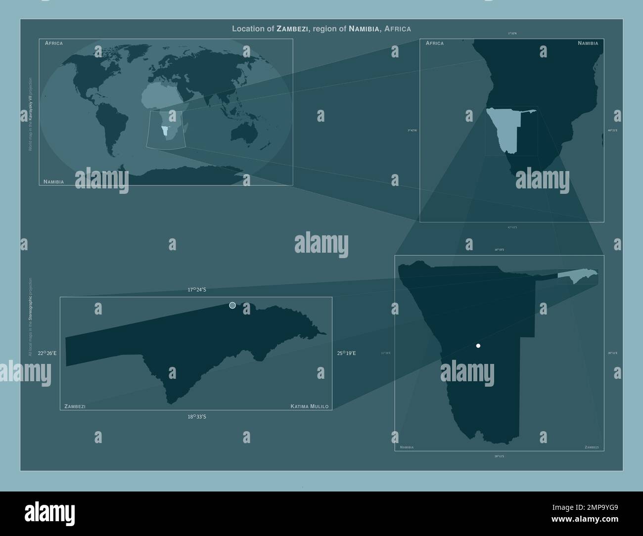 Zambezi, region of Namibia. Diagram showing the location of the region ...