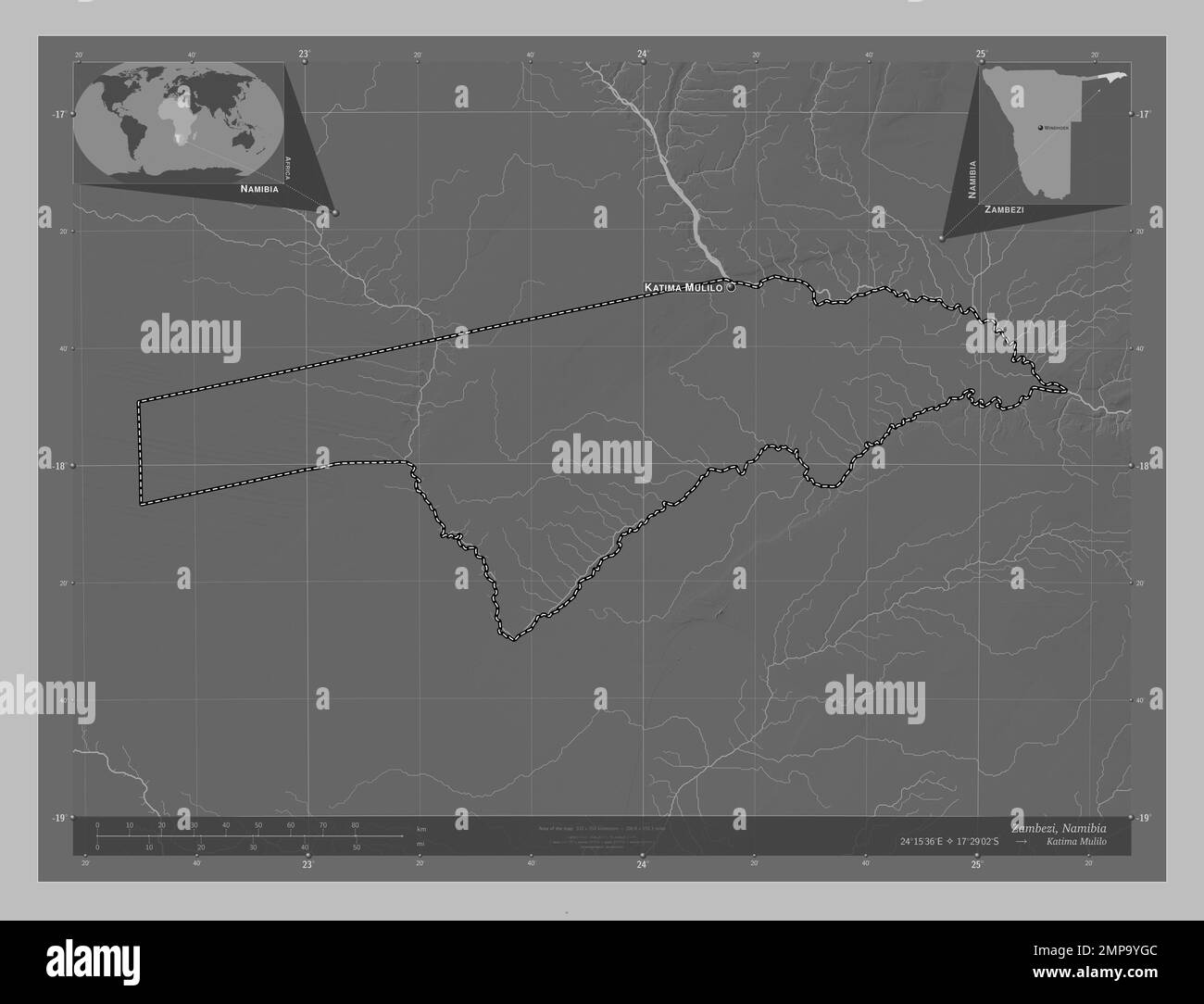 Zambezi, region of Namibia. Grayscale elevation map with lakes and ...