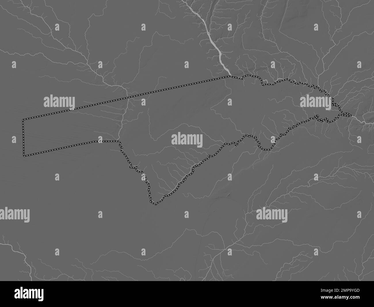 Zambezi, region of Namibia. Grayscale elevation map with lakes and ...