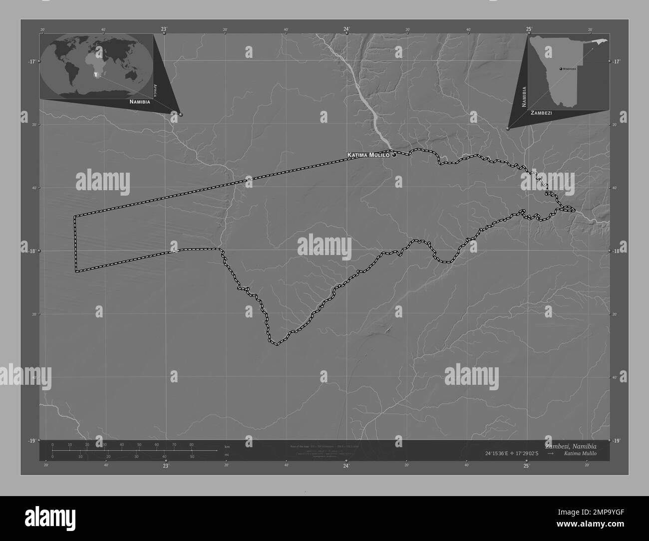 Zambezi, region of Namibia. Bilevel elevation map with lakes and rivers ...