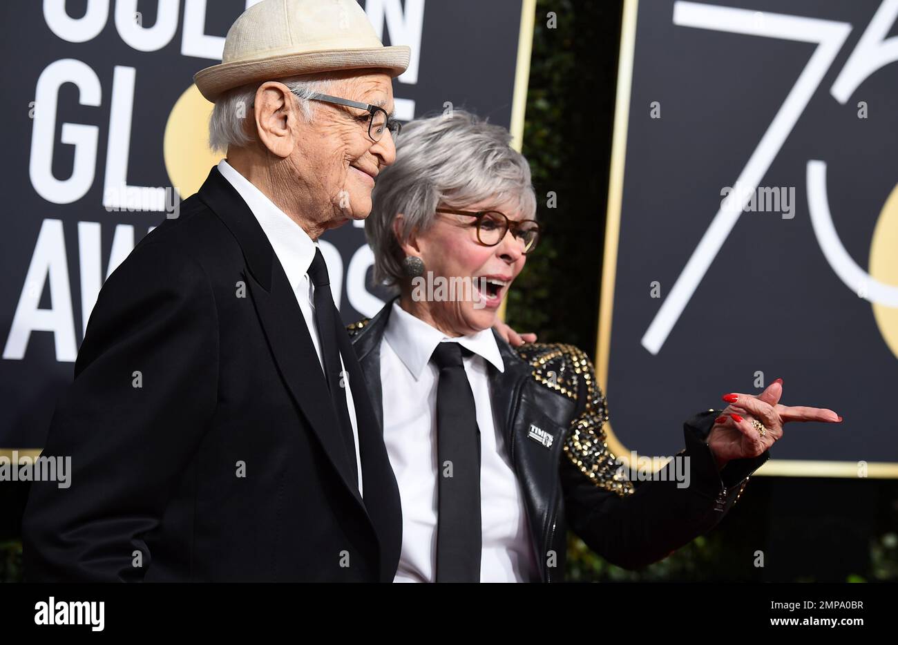 Norman Lear, left, and Rita Moreno arrive at the 75th annual Golden ...