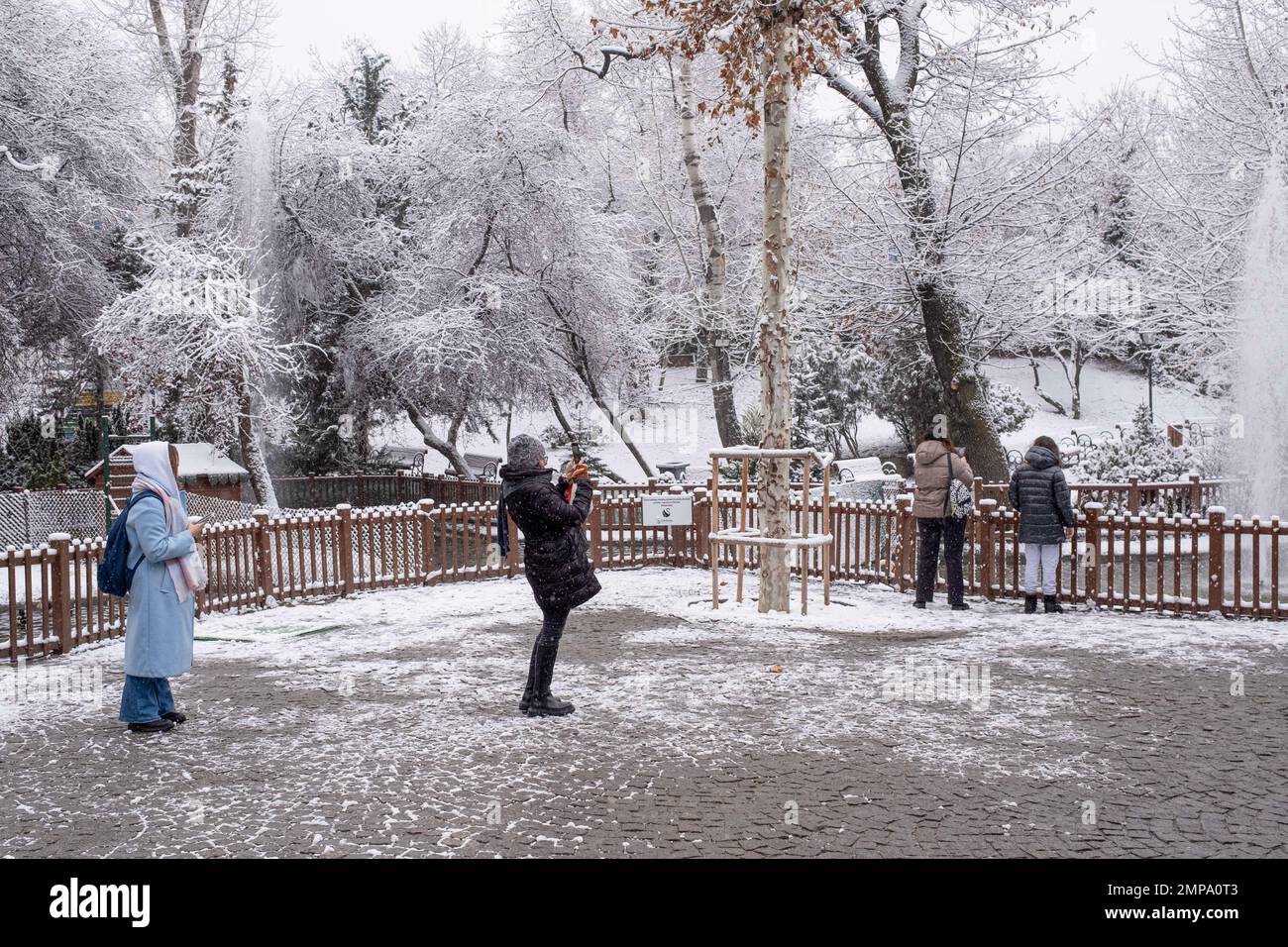 People taking pictures of the snow-covered park. The expected snowfall ...