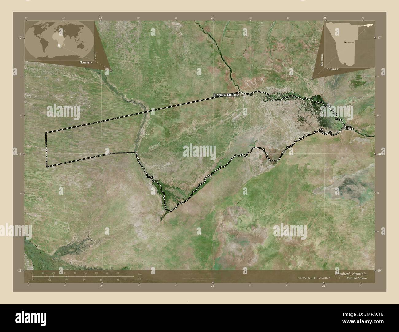 Zambezi, region of Namibia. High resolution satellite map. Locations ...